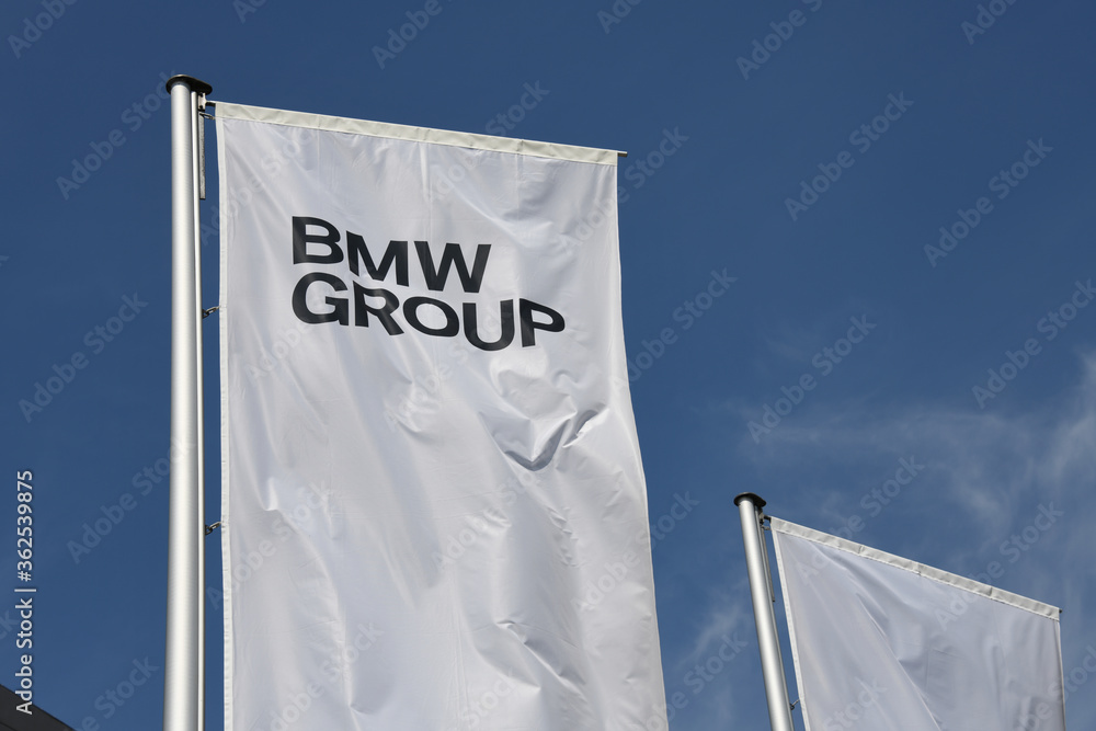 Munich, Bavaria / Germany - May 19, 2018: Flag with the logo of the car ...