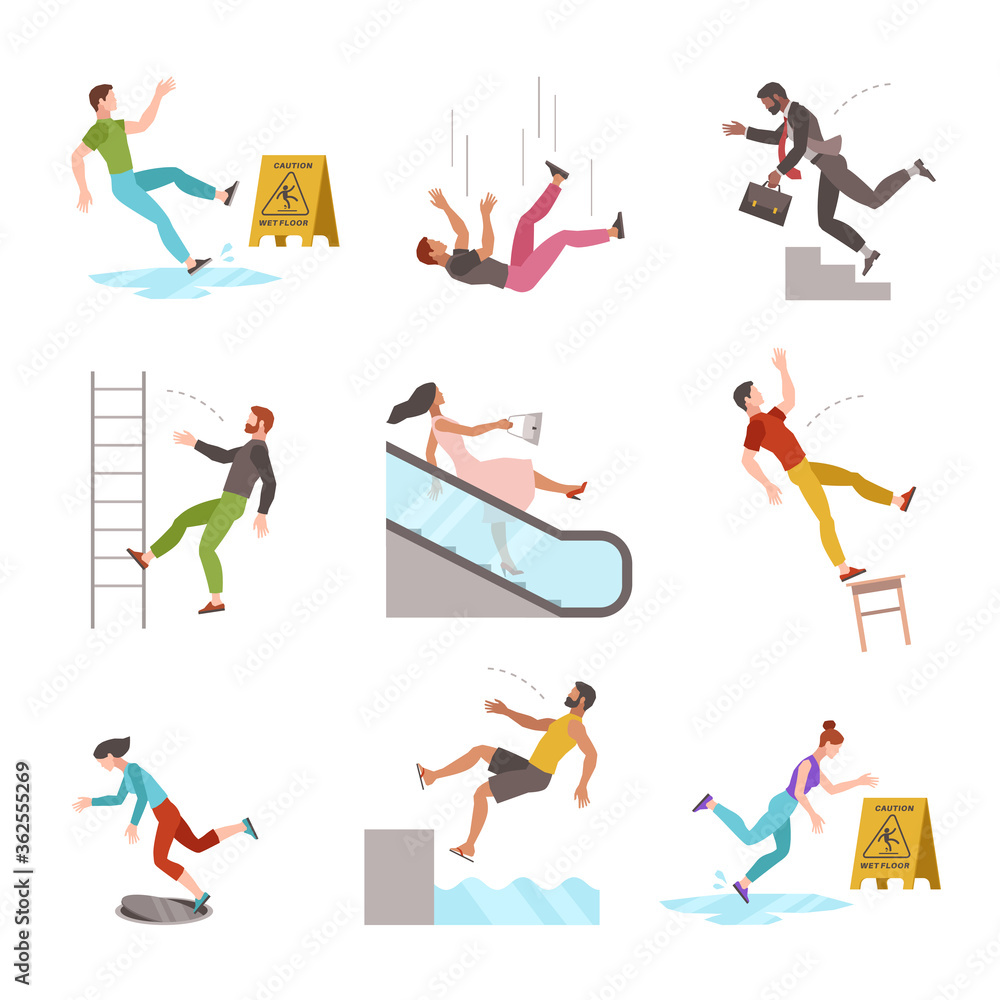 Falling people. Fall down stairs, slipping wet staircase or floor ...