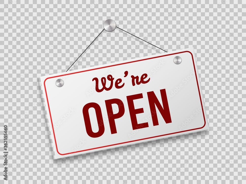 Sign We re open. Vintage poster hanging on door, retro sticker for shop ...