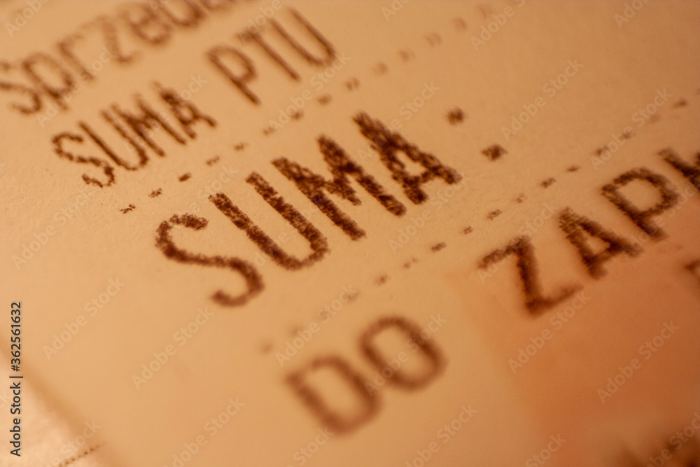 Polish word "SUMA" (english = summary) on receipt. Macro bill of sale ...