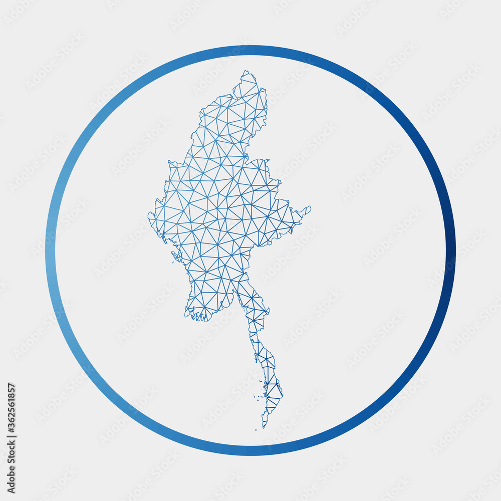 Myanmar icon. Network map of the country. Round Myanmar sign with ...