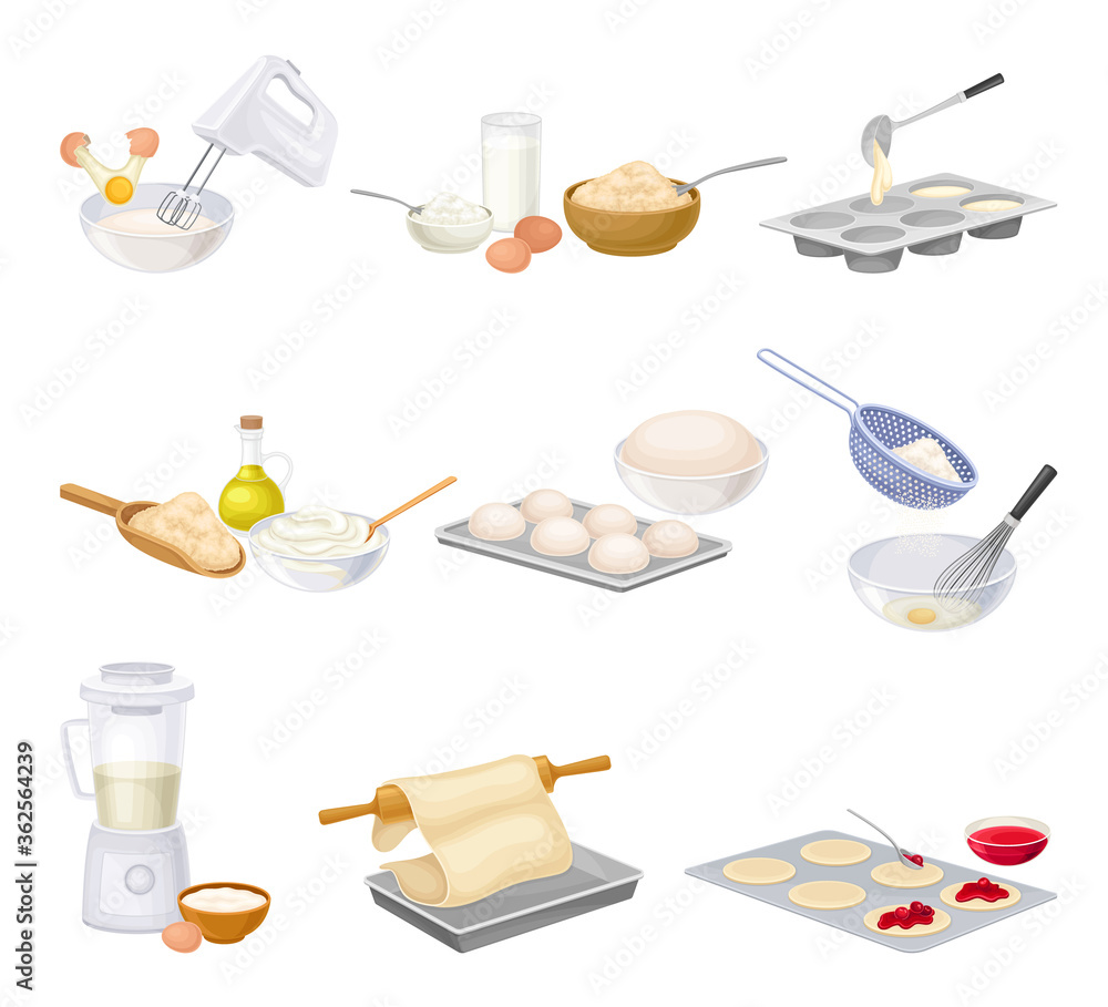 Baking Process with Doughing and Mixing Ingredients with Cookware ...