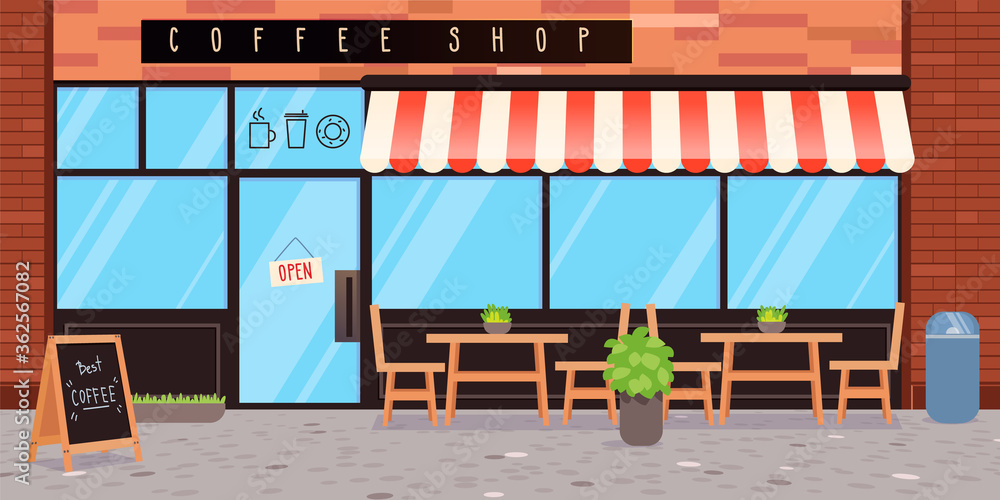 Coffee shop exterior. Vector flat cartoon illustration. Stock Vector ...