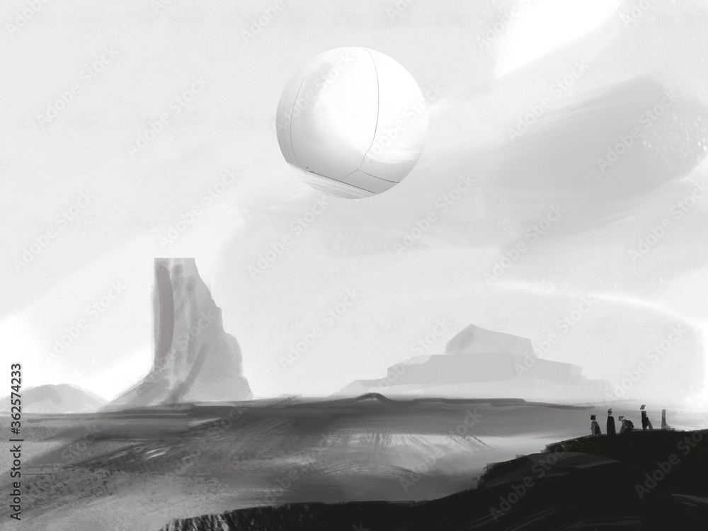 Digital black and white landscape painting of mysterious floating orb ...