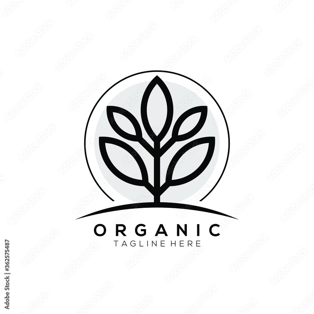 circle line silhouette leaf plant vector logo with light grey ...