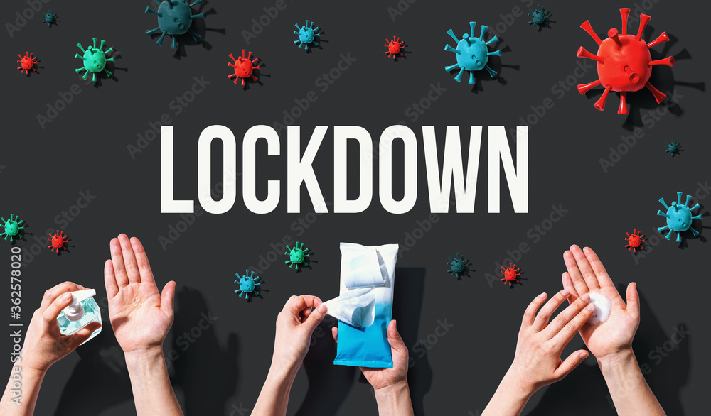 Covid-19 Lockdown theme with hygiene and viral objects Stock Photo ...