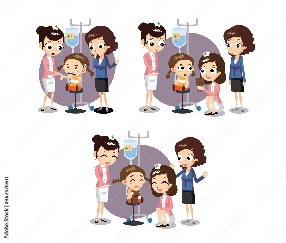 Nurses and guardians in hospitals soothe a crying child. Character ...