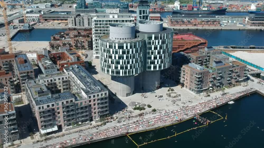 Vidéo Stock Aerial over harbour bath in Copenhagen showing Portland ...