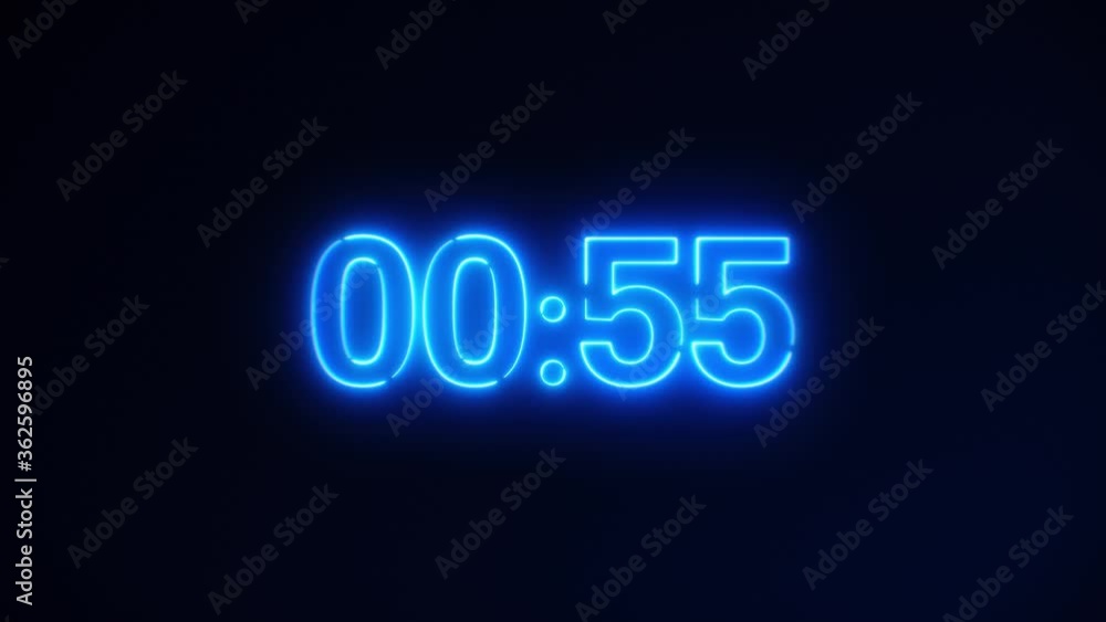 Blue Neon Light 60 Seconds Countdown On Black Background Running