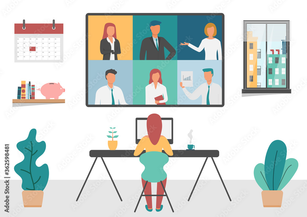 Vector illustration, working from home on the online system with a ...