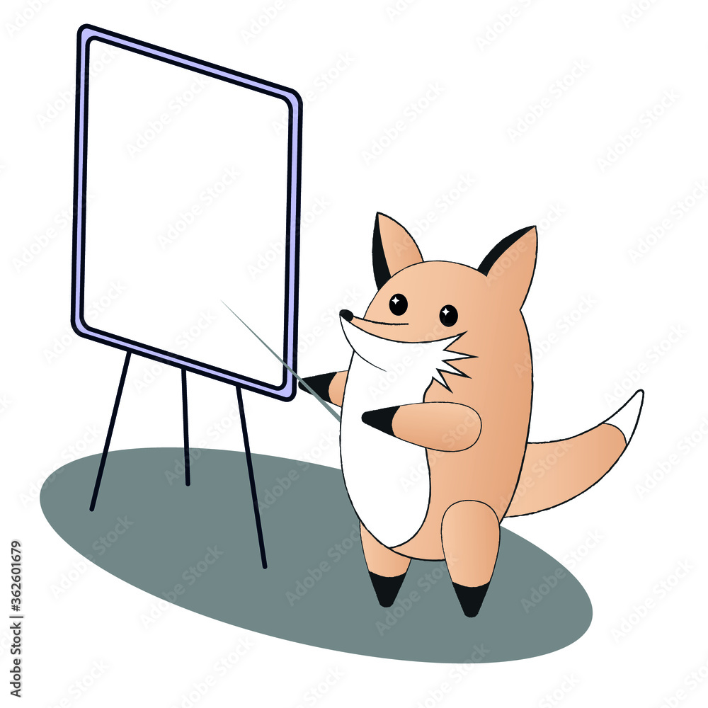 Little funny fox shows presentation on flip chart paper. Cartoon ...