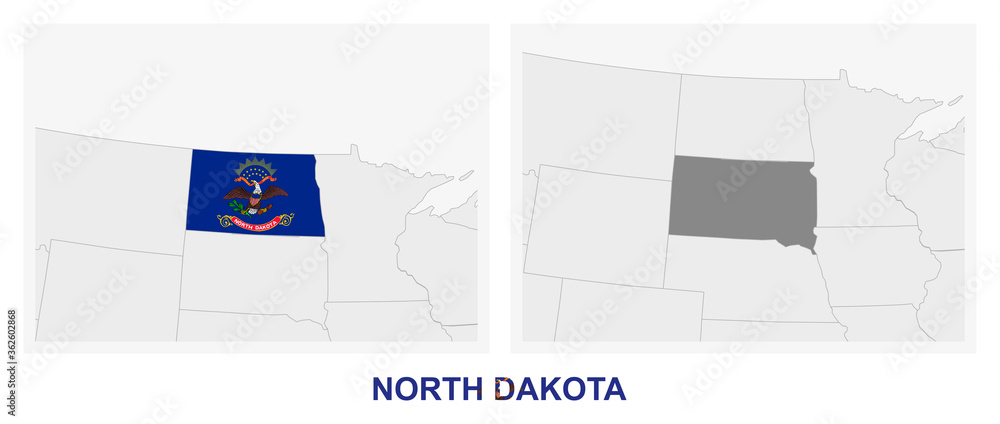 Two versions of the map of US State North Dakota, with the flag of ...