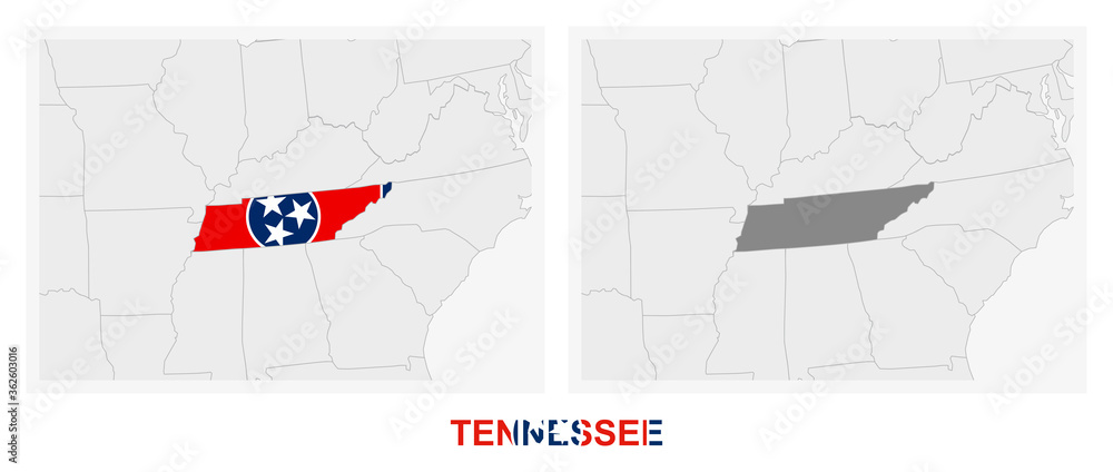 Two versions of the map of US State Tennessee, with the flag of ...