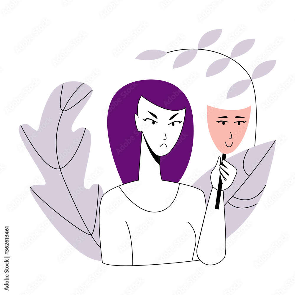 Vector flat young angry woman holding mask with image her happy face ...