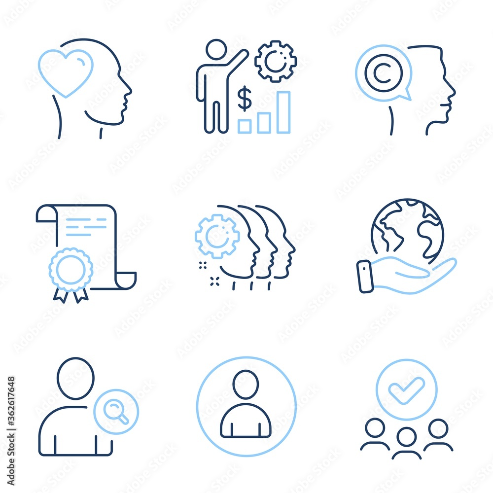 Friend, Avatar and Writer line icons set. Diploma certificate, save planet, group of people ...