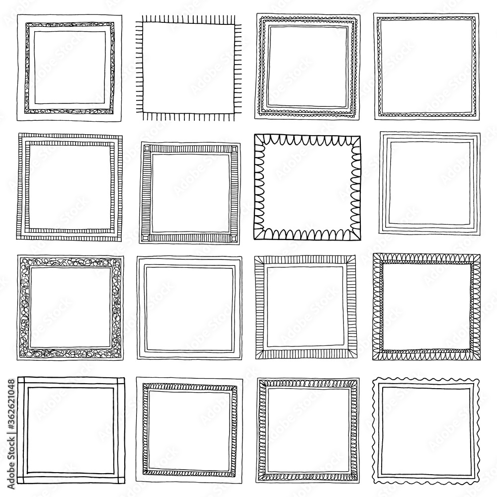 Hand drawn square frames set. Cartoon style frames isolated on white ...