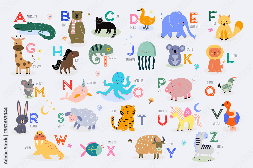 Vector poster with letters of the English alphabet with cute animals ...