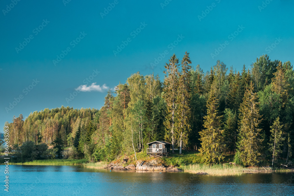 Sweden. Beautiful Swedish Wooden Log Cabin House On Rocky Island Coast ...