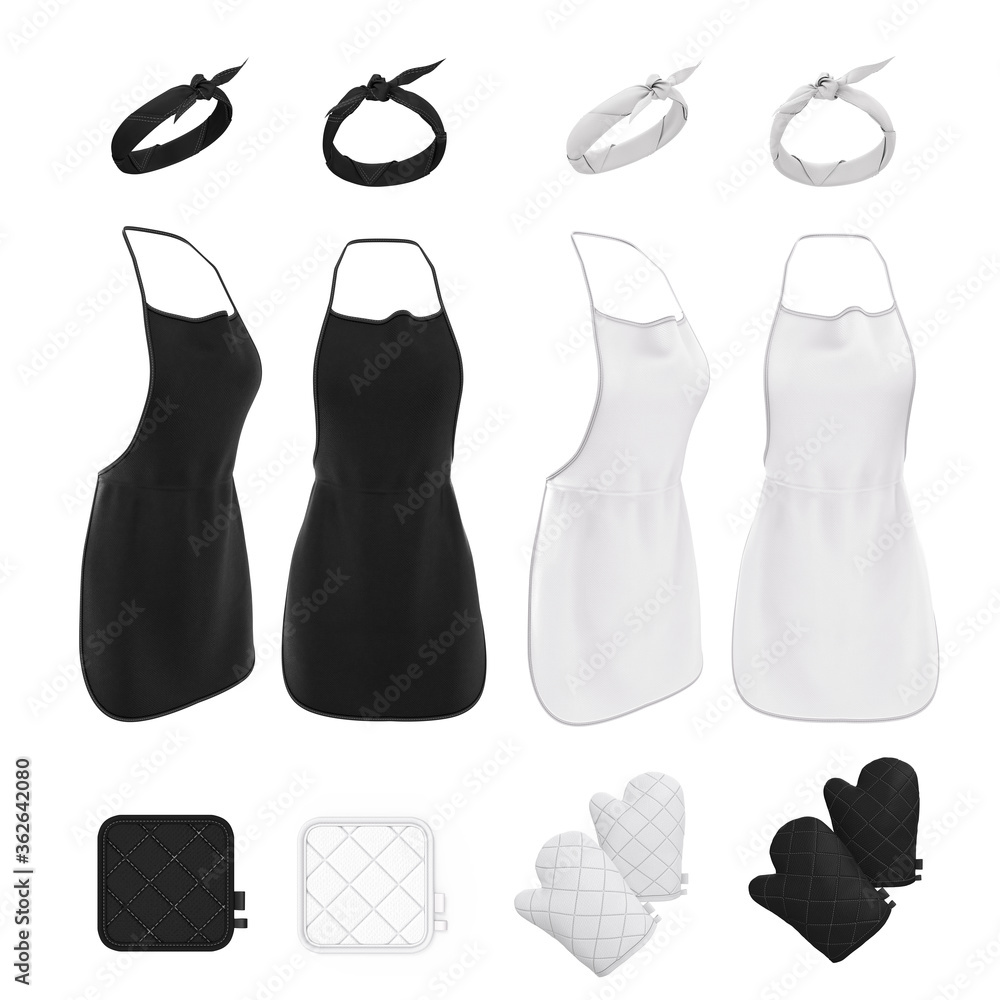 Set of female kitchen apron, headband, and mittens for the hot. Black ...