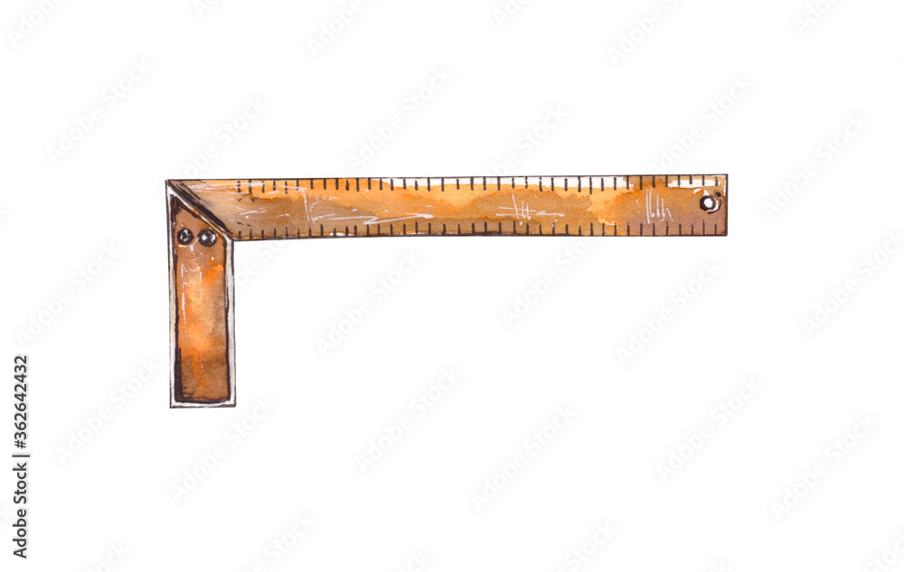 Watercolor illustration.Working measurement tools on oak wood plank ...
