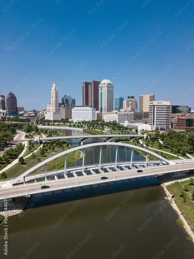 Columbus Ohio skyline from an aerial view with the bridges in view ...