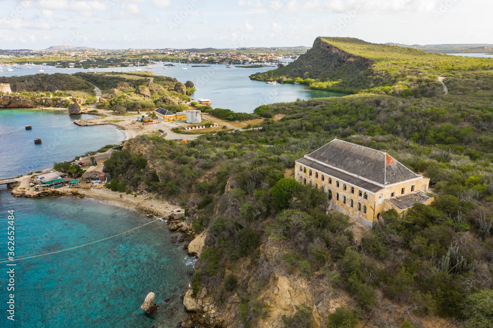 Aerial view of coast of Curaçao in the Caribbean Sea with turquoise ...
