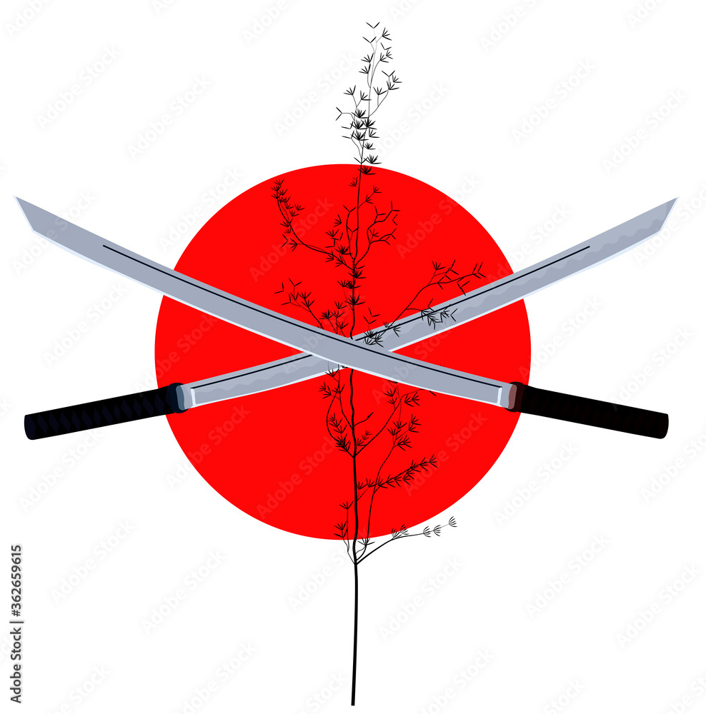 Vector stock illustration of a katana, a sun circle and a branch of dry ...