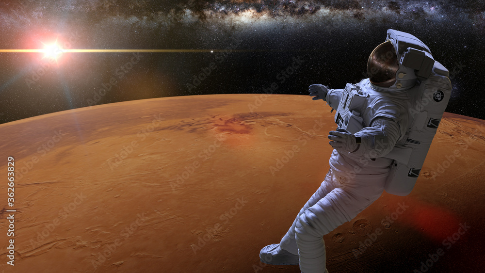 astronaut during a space walk in orbit of planet Mars Stock ...