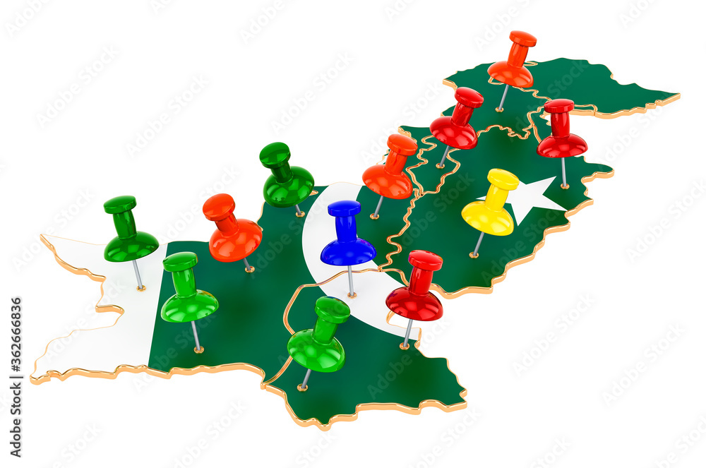 Map of Pakistan with colored push pins, 3D rendering Stock Illustration ...