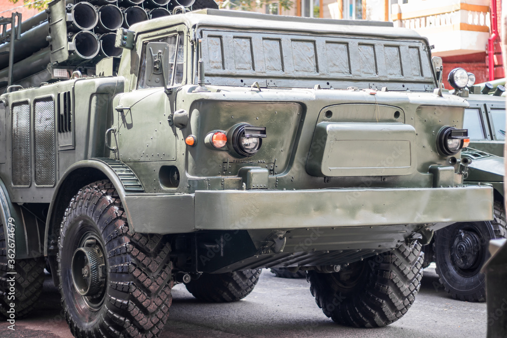 Military artillery , self-propelled multiple rocket launcher system on ...
