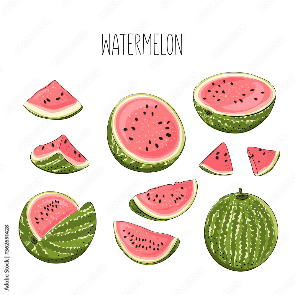 Slice and whole striped red and pink watermelon set with black seeds ...