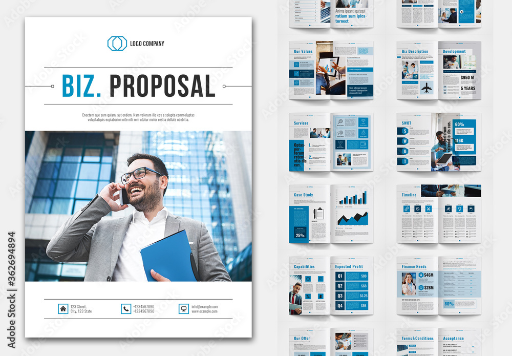 Business Proposal Layout with Blue Accents Stock Template | Adobe Stock