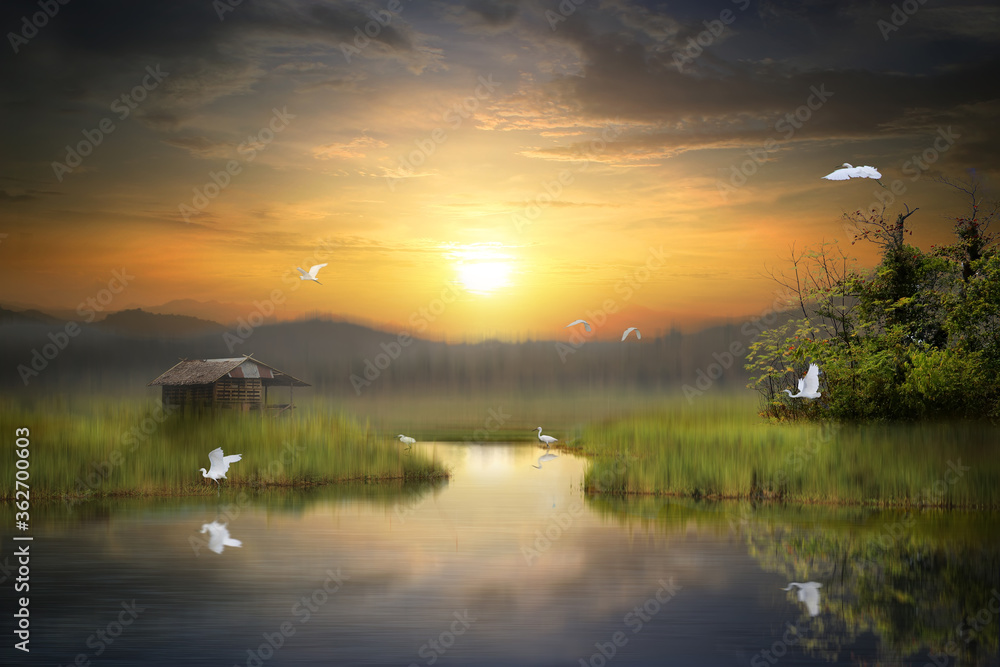 sunset over the river Stock Photo | Adobe Stock