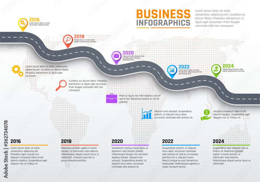 Business infographics, stages of road or pathway, development per year ...