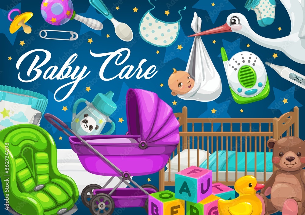 Baby care, toys and kid stuff. Cartoon vector flying stork, stroller ...