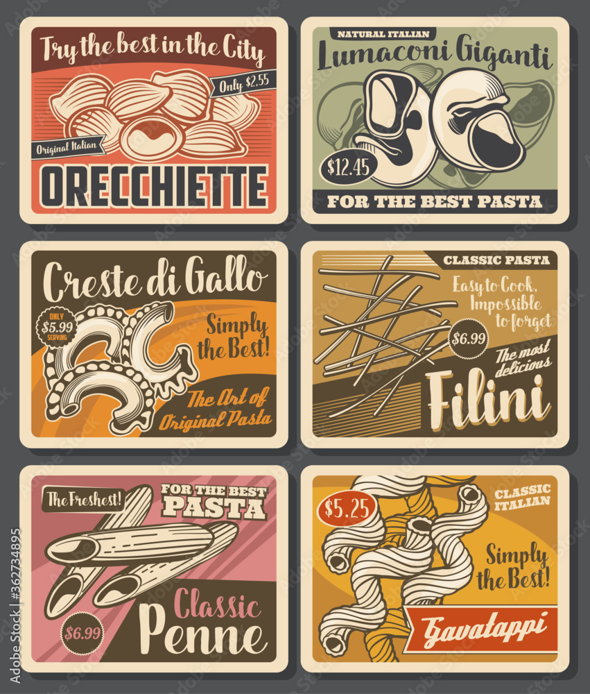 Italian pasta retro posters, vector macaroni orecchiette, lumaconi ...
