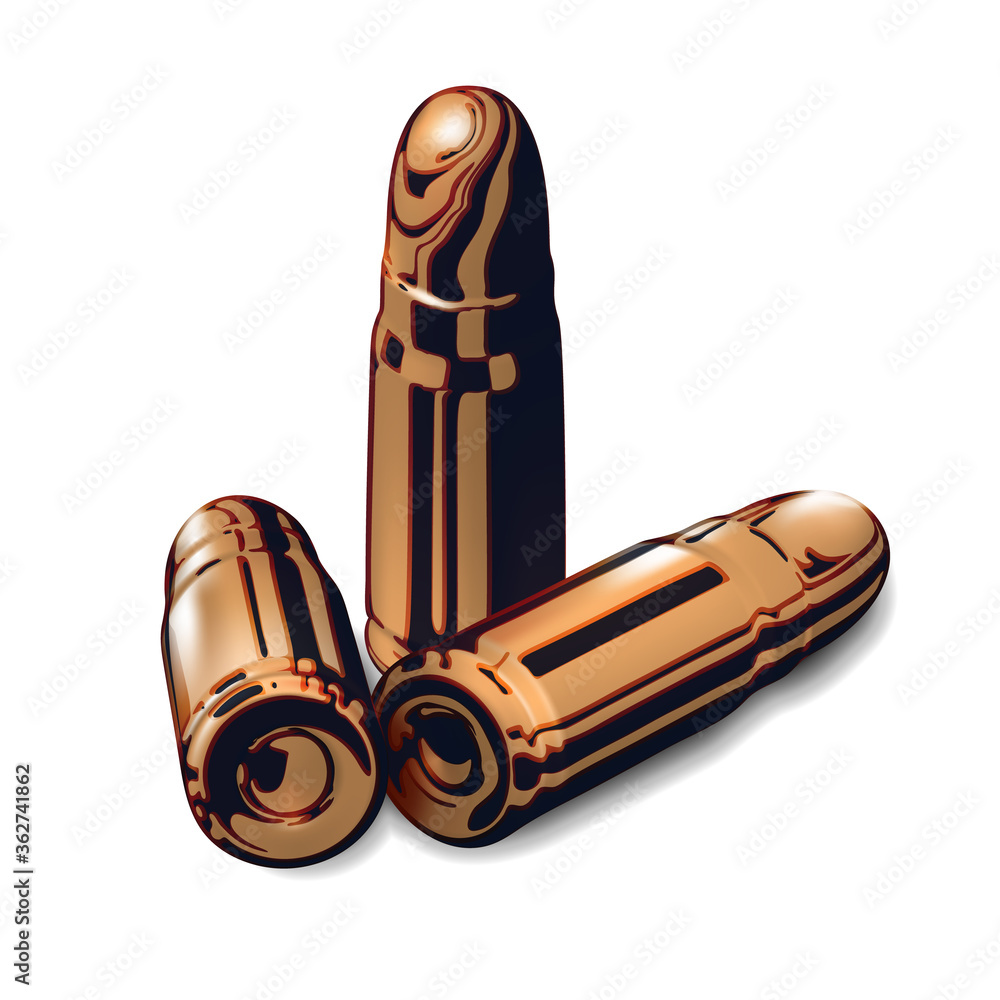 Composition from Three 3d golden or brass pistol cartridges. Isolated ...