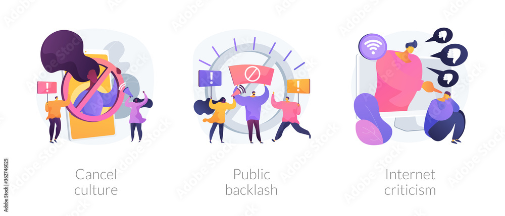 Social media behavior abstract concept vector illustration set. Cancel ...