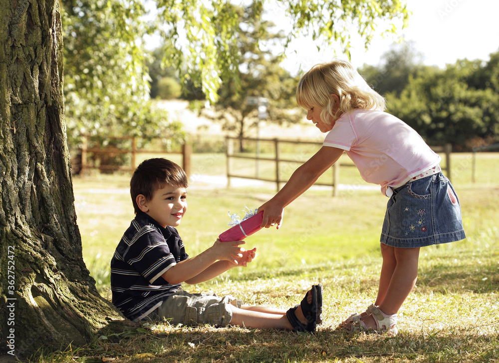 Little girl giving little boy a present Stock Photo | Adobe Stock