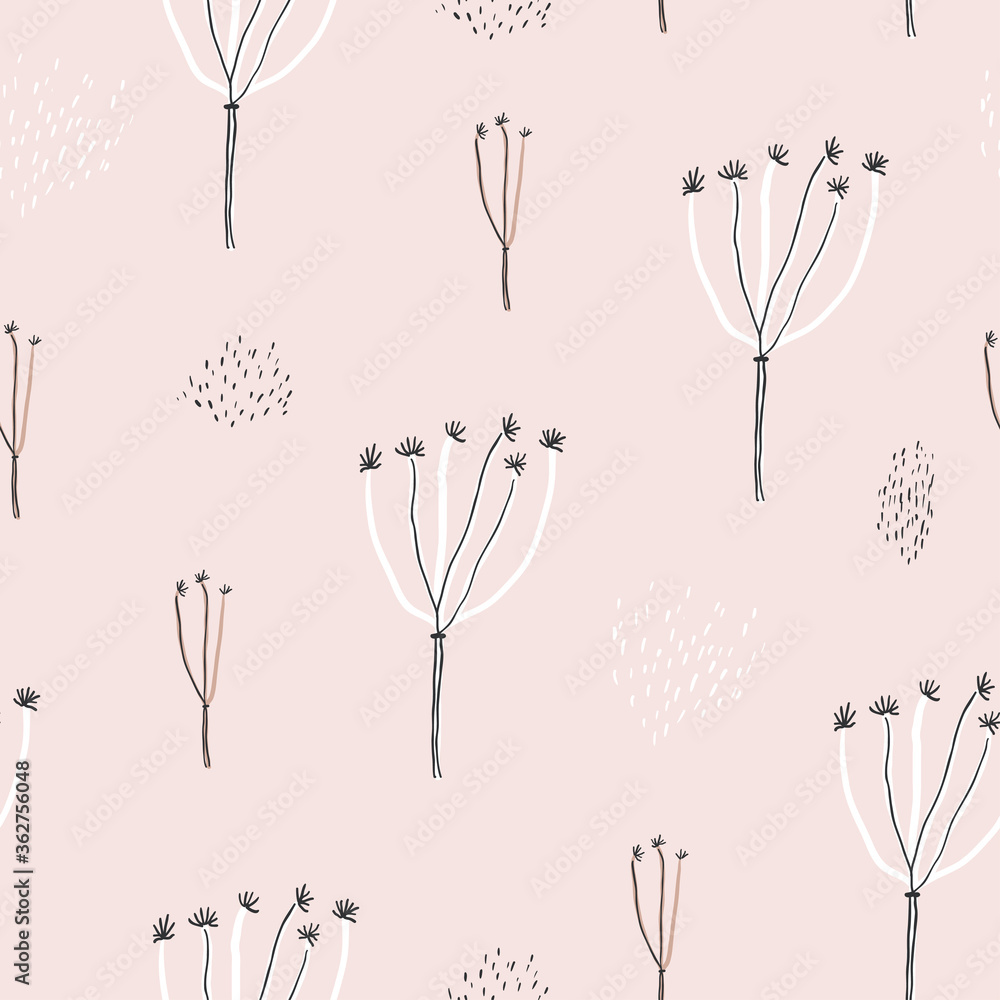Cute seamless pattern with flowers, branch, leaves. Vintage background ...