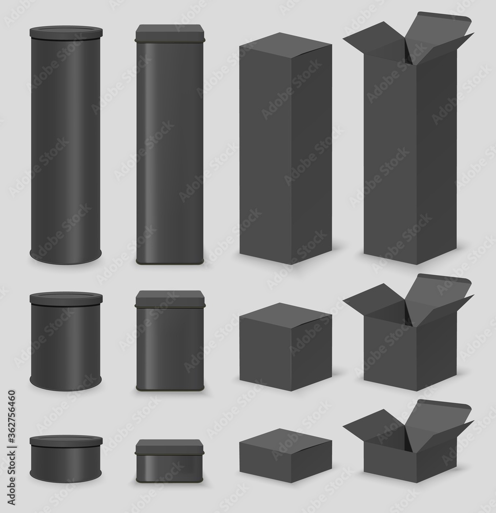 Black cardboard box mockup set, vector isolated illustration. Realistic ...