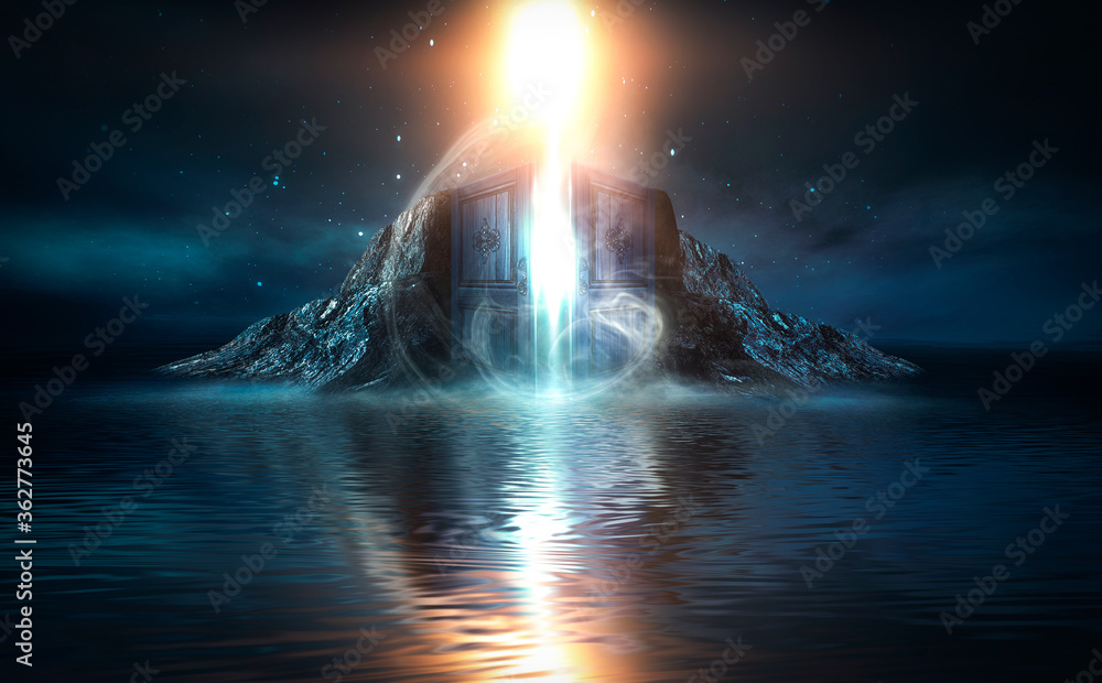 Fantasy night landscape seascape with mountains and islands. Futuristic ...
