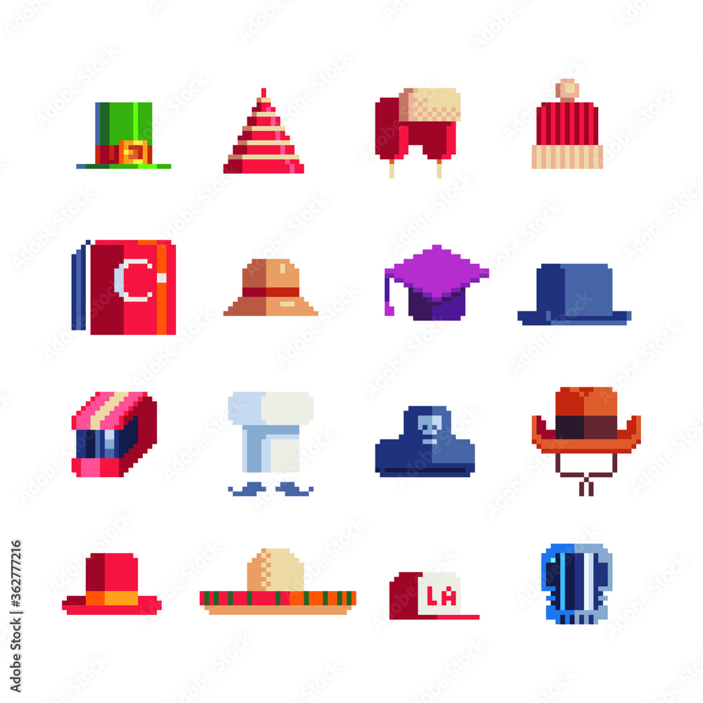 Hats pixel art icon set. Women's and men's accessories. Isolated vector ...
