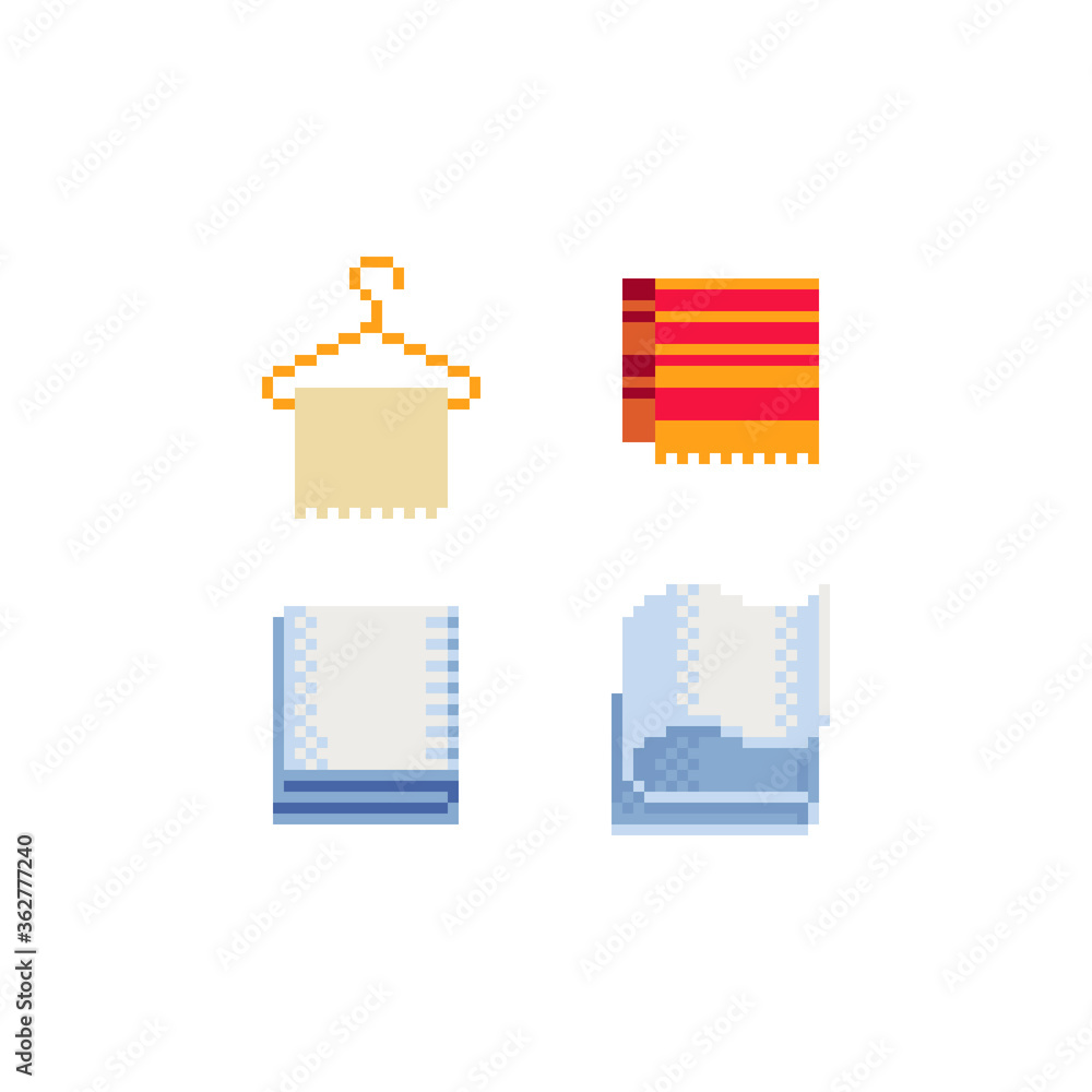 Vetor de Towels pixel art icons set, towel on a hanger isolated vector ...
