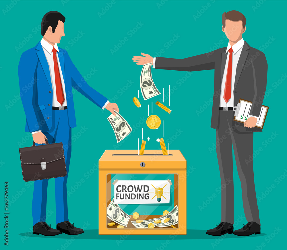 Business people near donation box and money. Funding project by raising ...