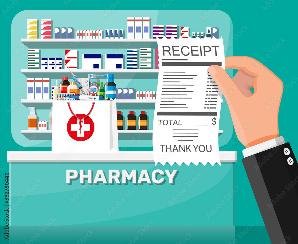 Medicine collection on shelves, hand with receipt. Set of bottles ...