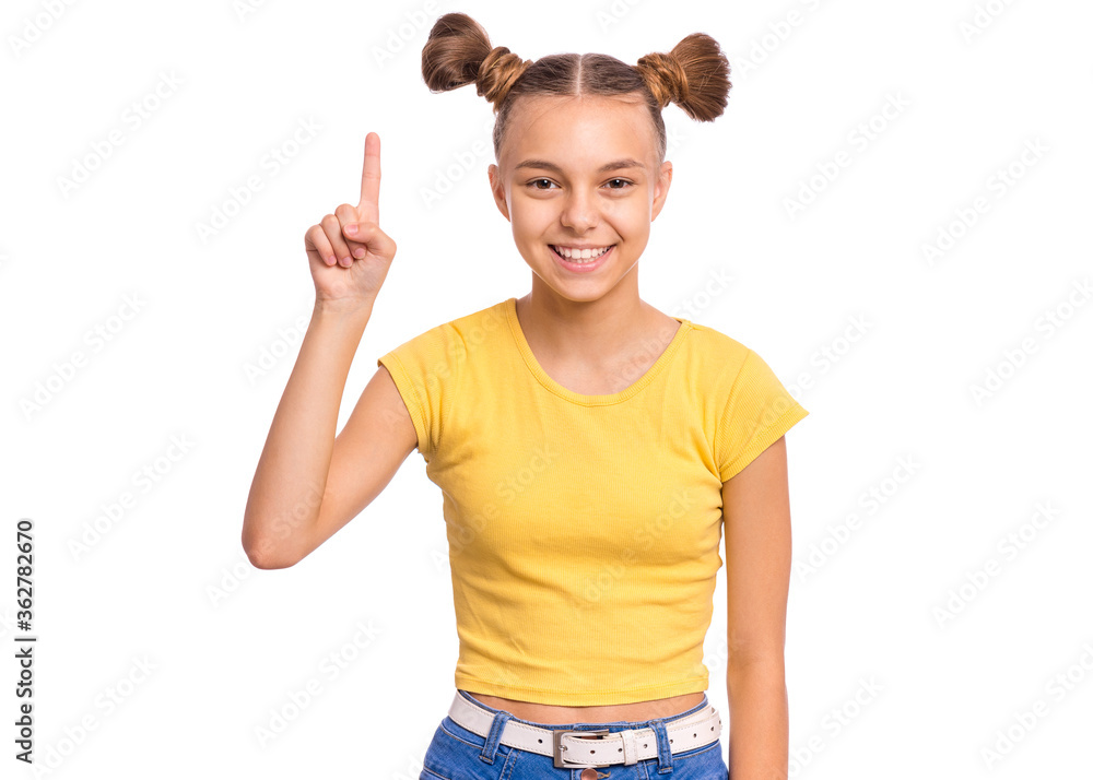 Portrait of happy teen girl showing one palm - 1 finger, isolated on ...