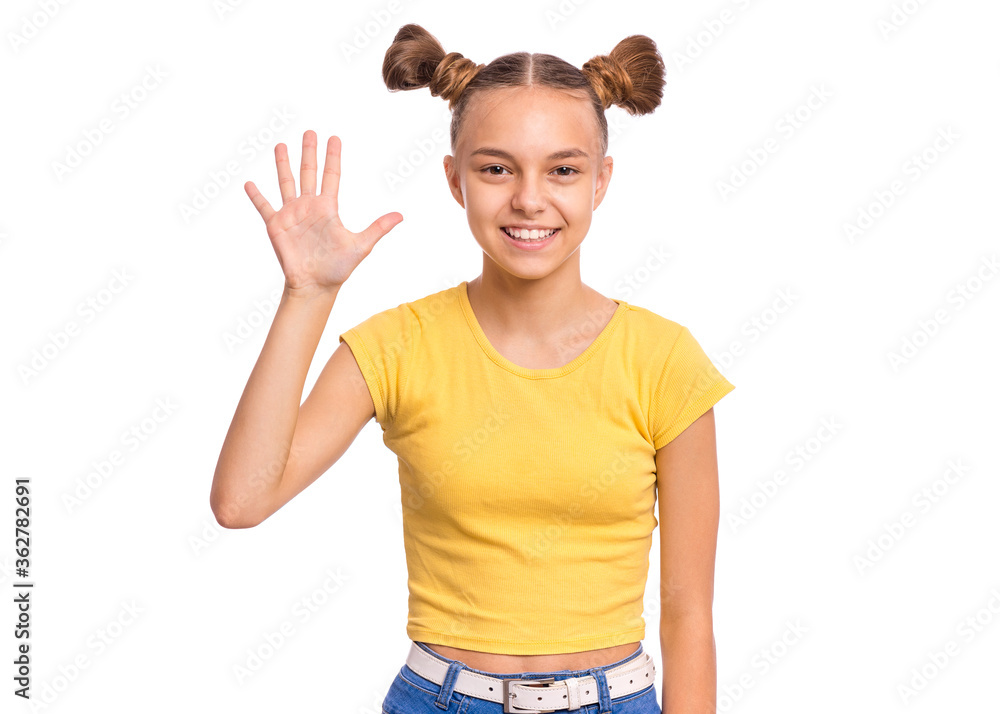 Portrait of happy teen girl showing one palm - 5 fingers, isolated on ...