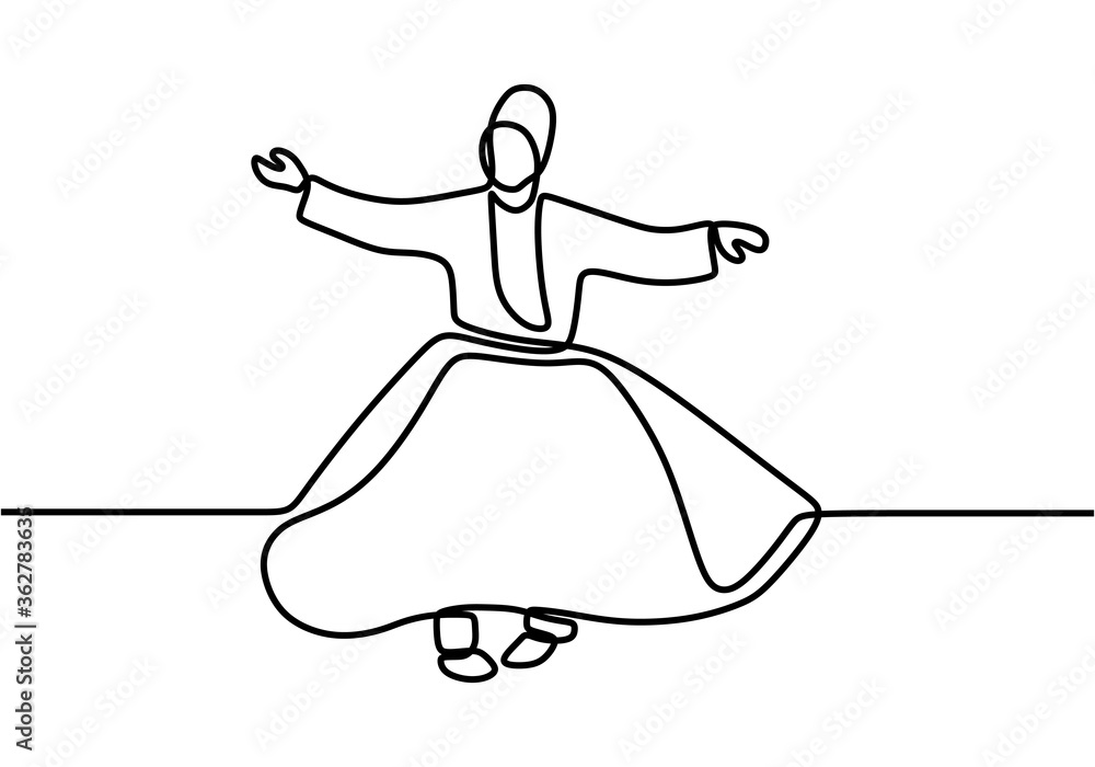 Continuous line drawing Sufi dancing. One hand drawn Islamic ...
