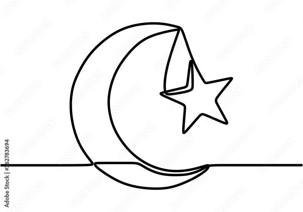 continuous line drawing of moon and star for ramadan kareem with ...